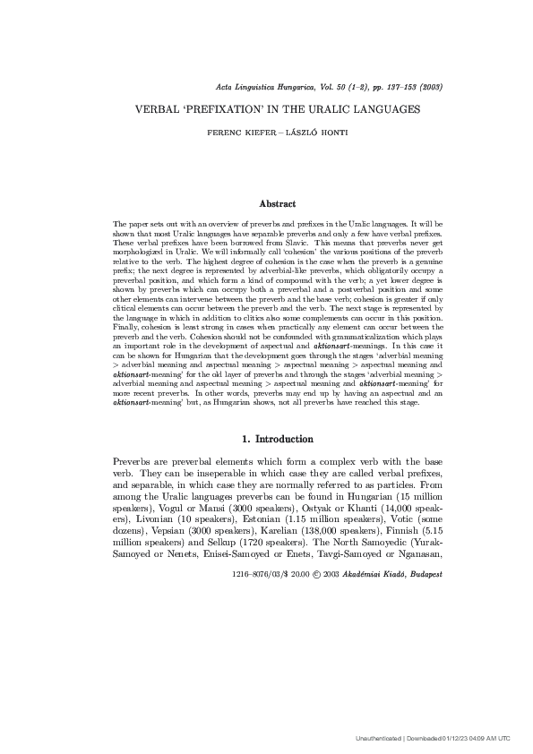 (PDF) Verbal 'prefixation' in the Uralic languages | László Honti - Academia.edu