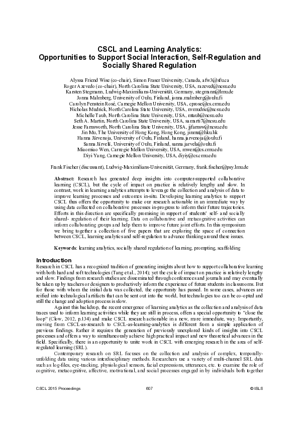 Pdf Cscl And Learning Analytics Opportunities To Support Social Interaction Self Regulation