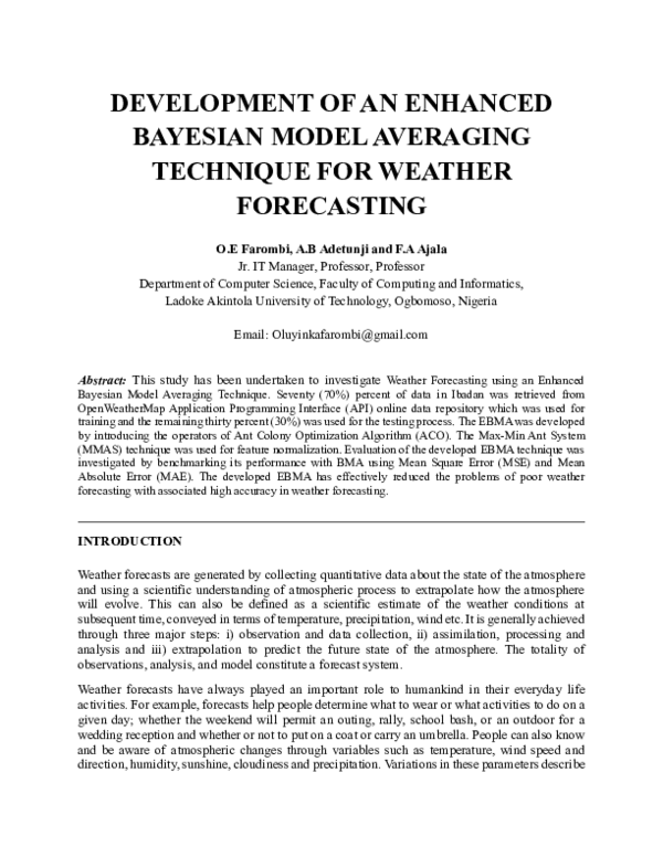 (PDF) DEVELOPMENT OF AN ENHANCED BAYESIAN MODEL AVERAGING TECHNIQUE FOR WEATHER FORECASTING