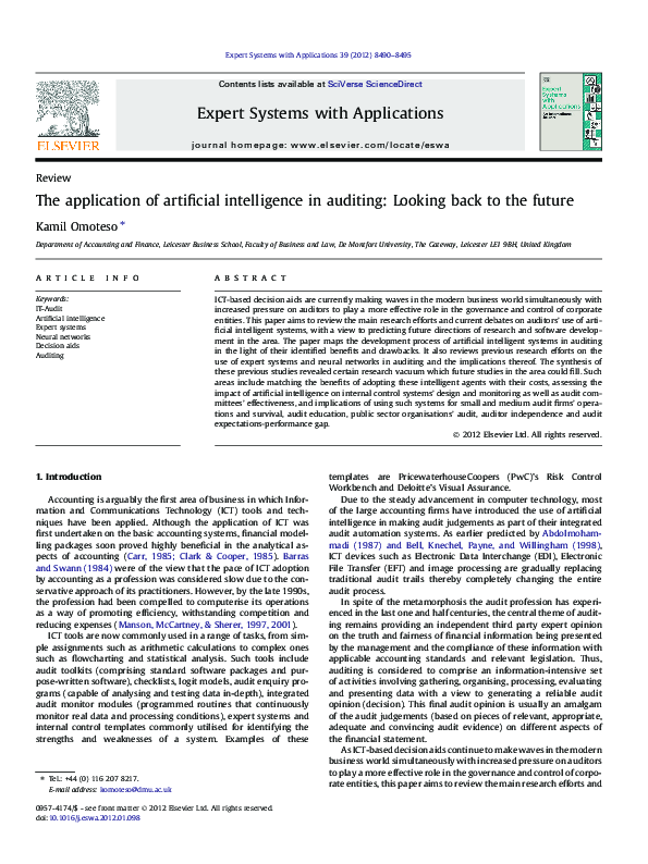 (PDF) The application of artificial intelligence in auditing: Looking back to the future