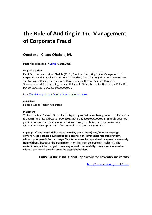 (PDF) The Role of Auditing in the Management of Corporate Fraud