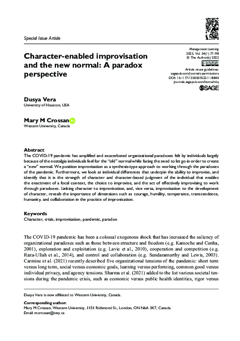 (PDF) Character-enabled improvisation and the new normal: A paradox perspective