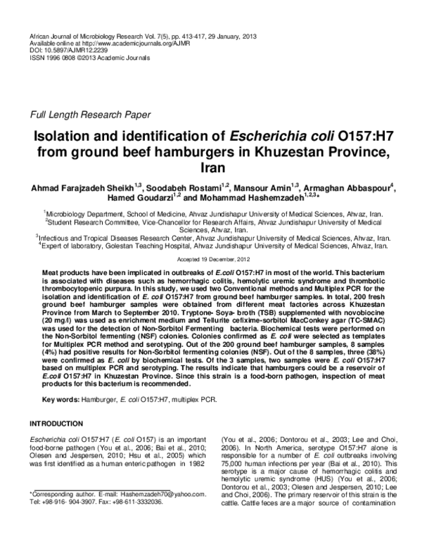 (PDF) Isolation and identification of Escherichia coli O157:H7 from ...