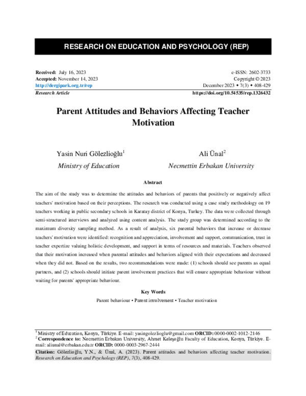 (PDF) Parent Attitudes and Behaviors Affecting Teacher Motivation