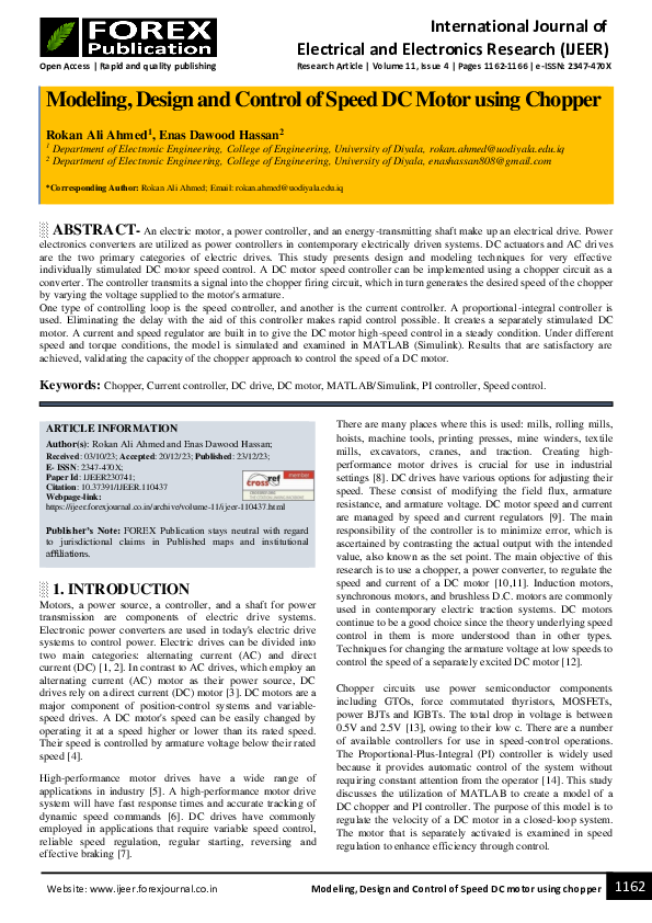 (PDF) Modeling, Design and Control of Speed DC Motor using Chopper