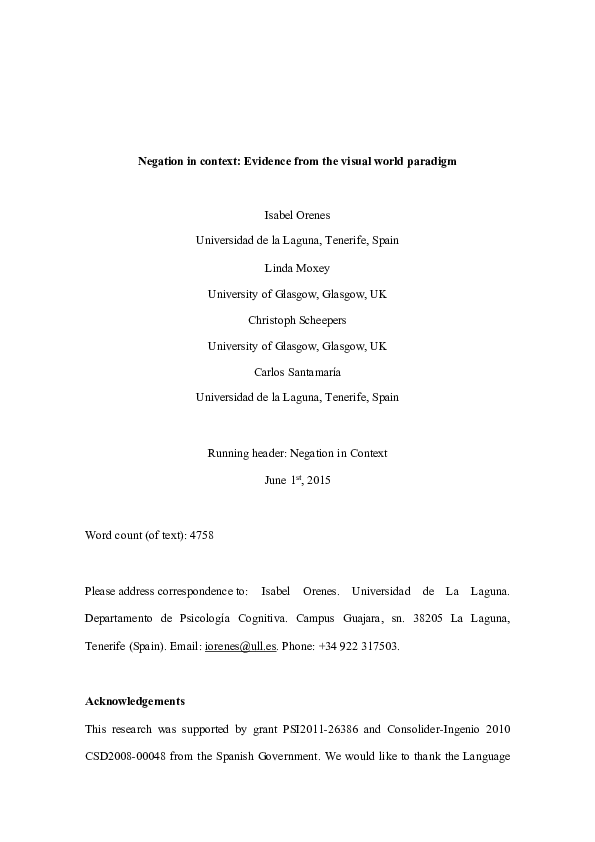 (PDF) Negation in context: Evidence from the visual world paradigm