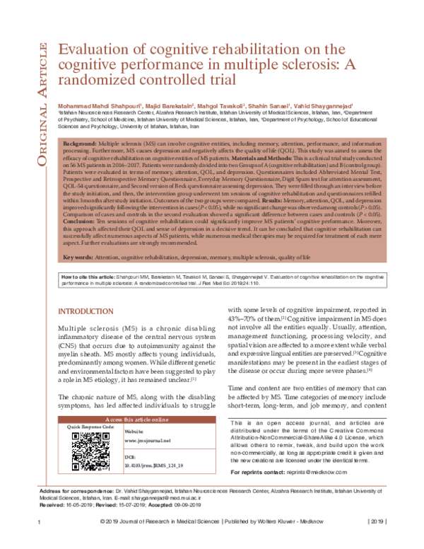 (PDF) Evaluation of cognitive rehabilitation on the cognitive performance in multiple sclerosis ...