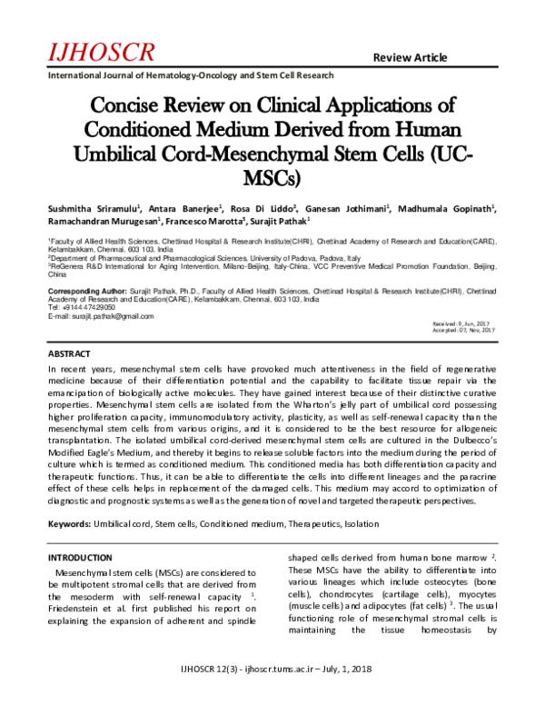 (PDF) Concise Review on Clinical Applications of Conditioned Medium Derived from Human Umbilical ...
