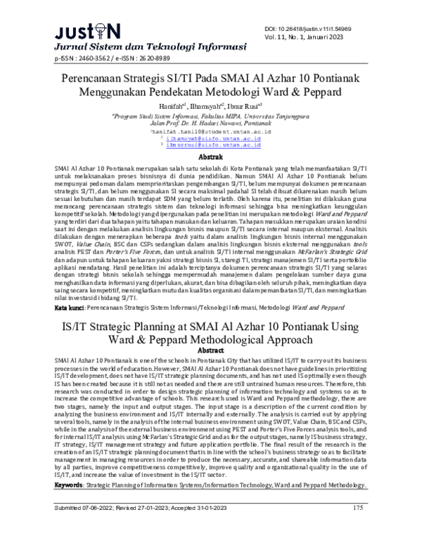 (PDF) Perencanaan Strategis SI/TI Pada SMAI Al Azhar 10 Pontianak Menggunakan Pendekatan ...