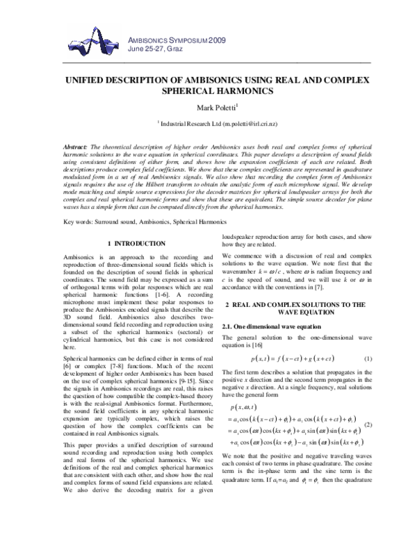 (PDF) Unified Description of Ambisonics Using Real and Complex Spherical Harmonics