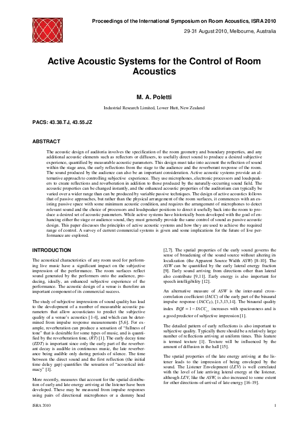 (PDF) Active Acoustic Systems for the Control of Room Acoustics