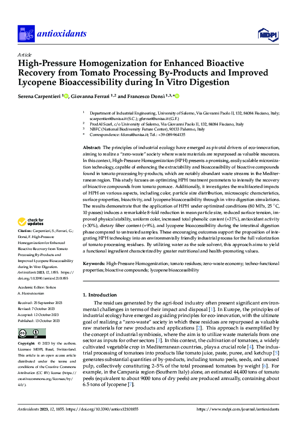 (PDF) High-Pressure Homogenization for Enhanced Bioactive Recovery from Tomato Processing By ...
