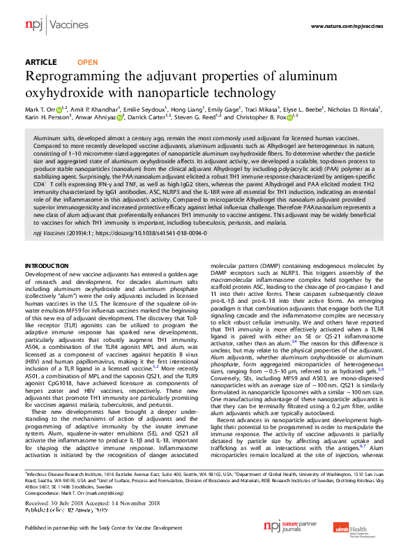 (PDF) Reprogramming the adjuvant properties of aluminum oxyhydroxide with nanoparticle technology