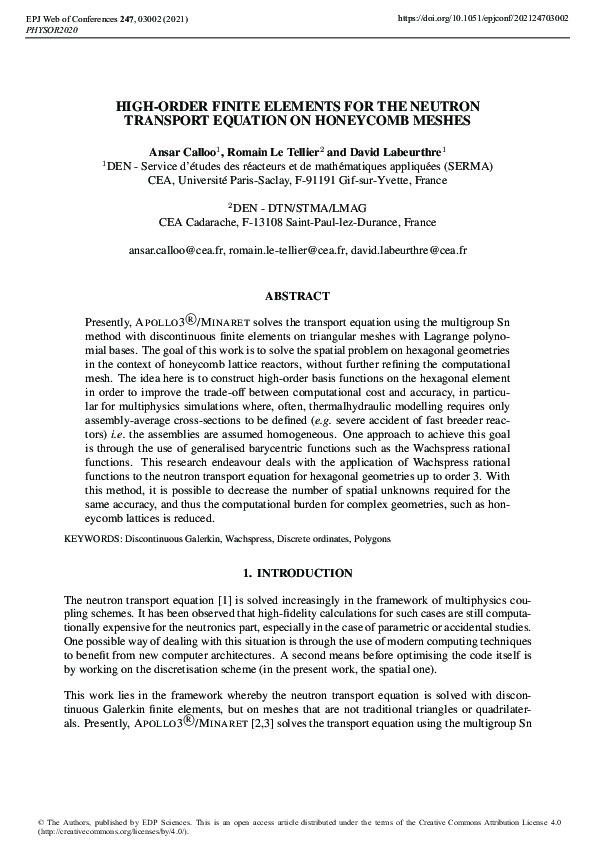 (PDF) High-Order Finite Elements for the Neutron Transport Equation on Honeycomb Meshes | David ...