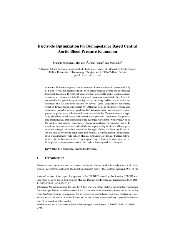 (PDF) Electrode Optimization for Bioimpedance Based Central Aortic Blood Pressure Estimation