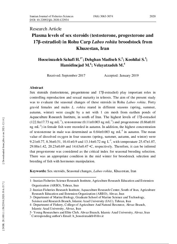 (PDF) Plasma levels of sex steroids (testosterone, progesterone and 17β ...