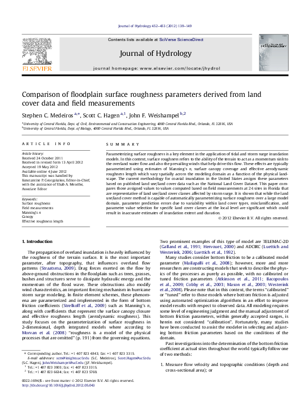(PDF) Comparison of floodplain surface roughness parameters derived from land cover data and ...