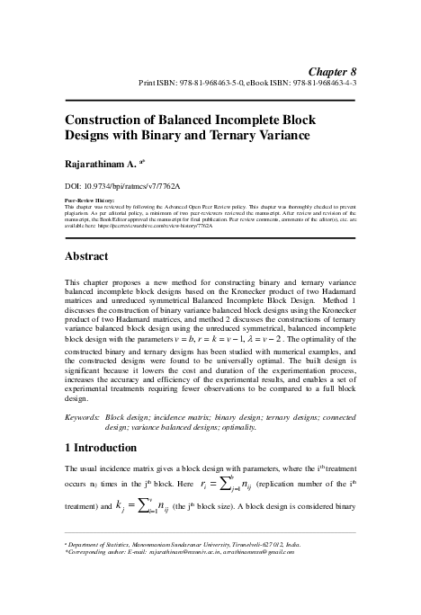 (PDF) Construction of Balanced Incomplete Block Designs with Binary and Ternary Variance ...