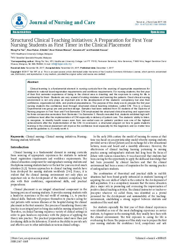 (PDF) Structured Clinical Teaching Initiatives: A Preparation for First Year Nursing Students as ...