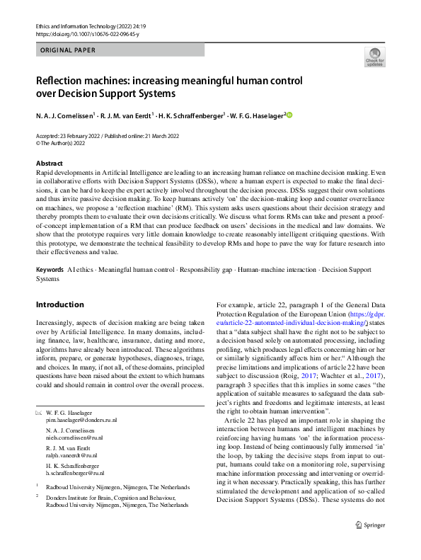 (PDF) Reflection machines: increasing meaningful human control over ...