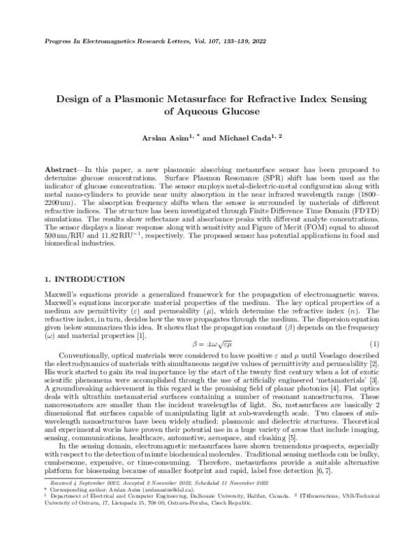Pdf Design Of A Plasmonic Metasurface For Refractive Index Sensing Of Aqueous Glucose