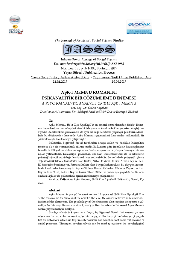 (PDF) Aşk-I Memnu Romanini Psi̇kanali̇ti̇k Bi̇r Çözümleme Denemesi̇