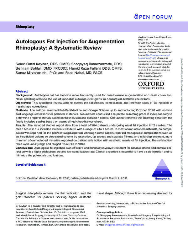 (PDF) Autologous Fat Injection for Augmentation Rhinoplasty: A ...