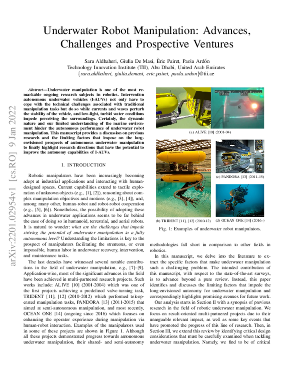 (PDF) Underwater Robot Manipulation: Advances, Challenges and ...