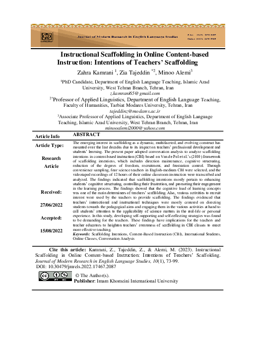 (PDF) Instructional Scaffolding in Online Content-based Instruction: Intentions of Teachers ...