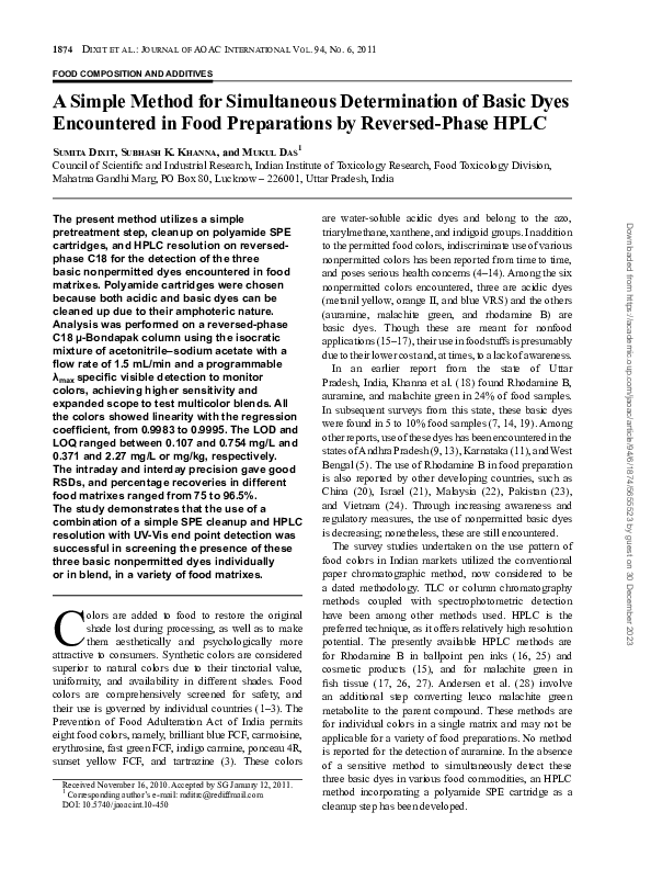 Pdf A Simple Method For Simultaneous Determination Of Basic Dyes Encountered In Food