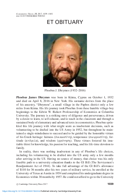 (PDF) Phoebus J. Dhrymes (1932–2016)