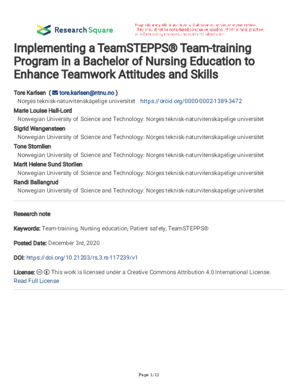 (PDF) Implementing a TeamSTEPPS® Team-training Program in a Bachelor of ...