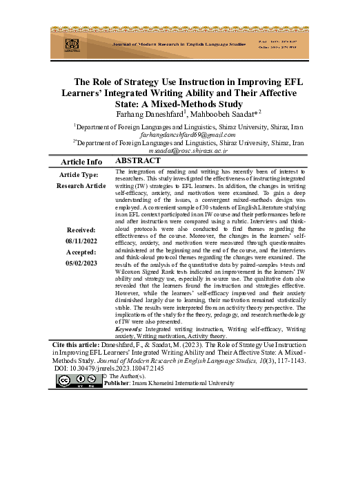 (PDF) The Role of Strategy Use Instruction in Improving EFL Learners ...