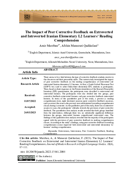 (PDF) The Impact of Peer Corrective Feedback on Extroverted and Introverted Iranian Elementary ...