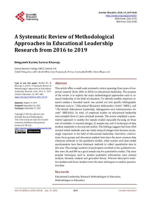 (PDF) A Systematic Review of Methodological Approaches in Educational ...