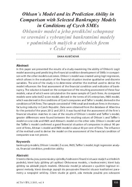 Pdf Ohlson´s Model And Its Prediction Ability In Comparison With Selected Bankruptcy Models In