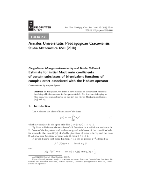 (PDF) Estimate for initial MacLaurin coefficients of certain subclasses of bi-univalent ...