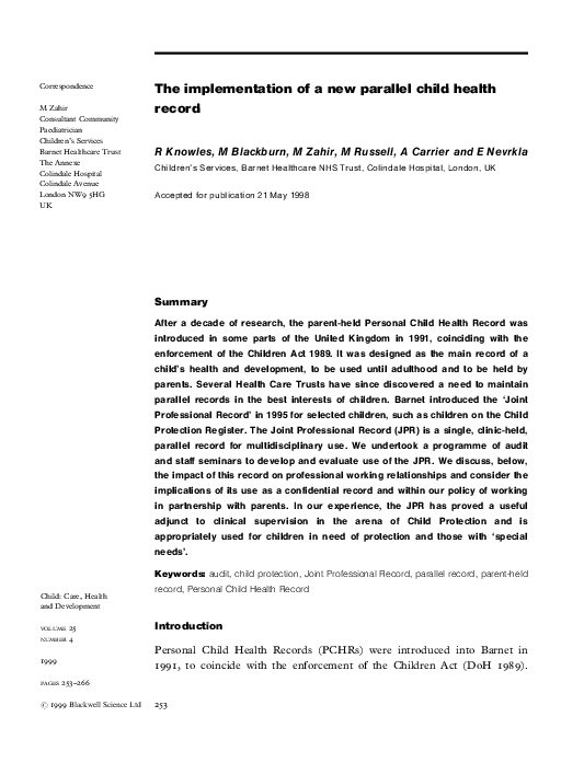 (PDF) The implementation of a new parallel child health record