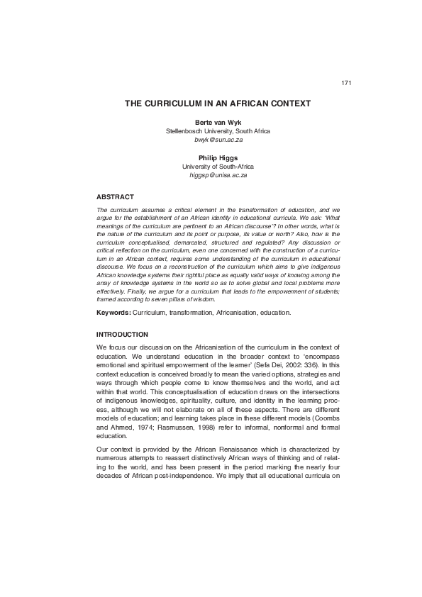 (PDF) THE CURRICULUM IN AN AFRICAN CONTEXT