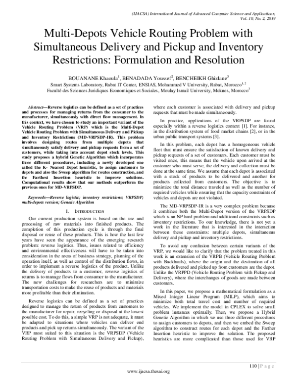 (PDF) Multi-Depots Vehicle Routing Problem with Simultaneous Delivery ...