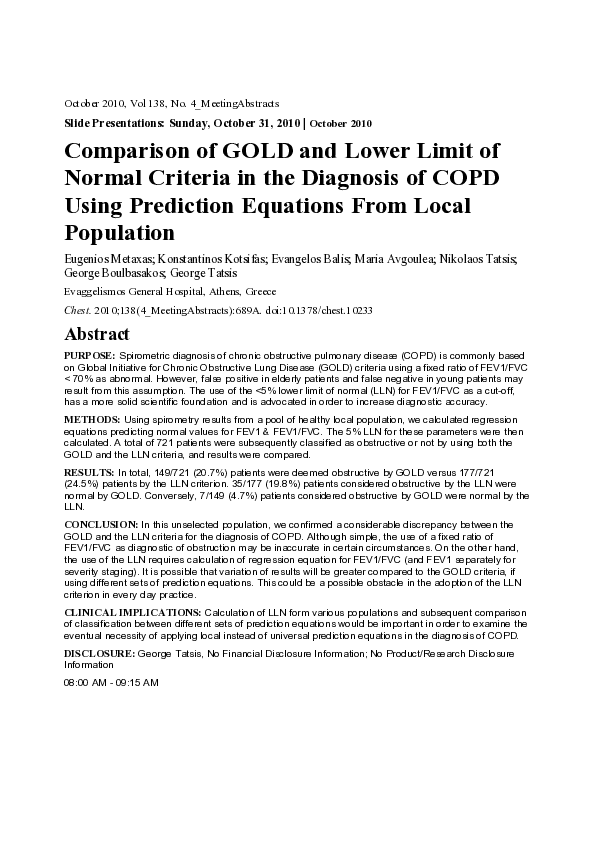(PDF) Comparison of GOLD and Lower Limit of Normal Criteria in the Diagnosis of COPD Using ...