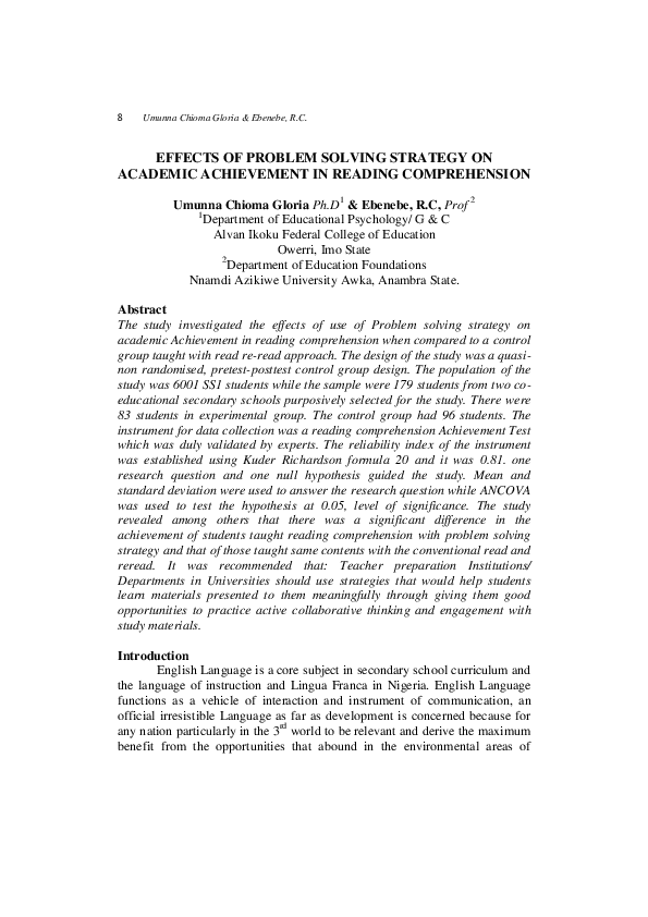 (PDF) Effects of Problem Solving Strategy on Academic Achievement in Reading Comprehension