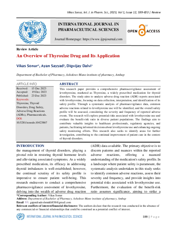 (PDF) An Overview of Thyroxine Drug and Its Application