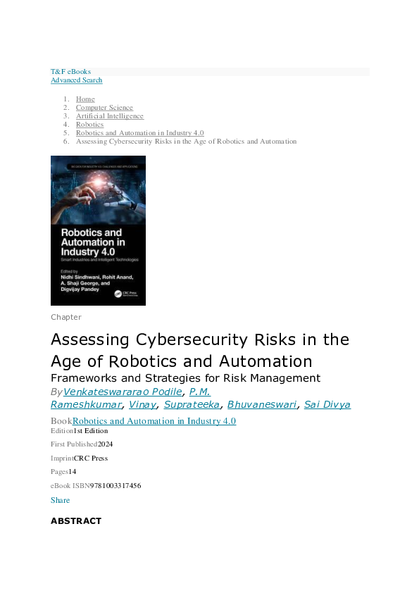 (PDF) Assessing Cybersecurity Risks in the Age of Robotics and ...