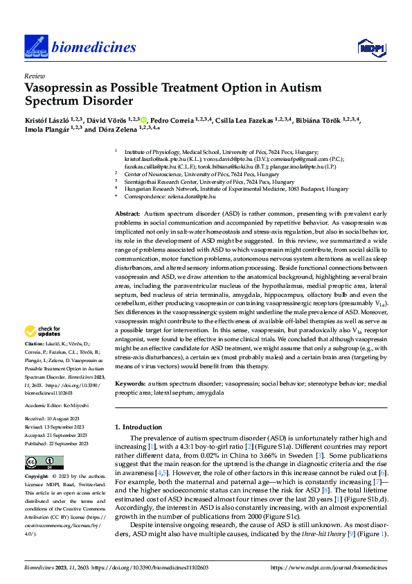 (PDF) Vasopressin as Possible Treatment Option in Autism Spectrum Disorder