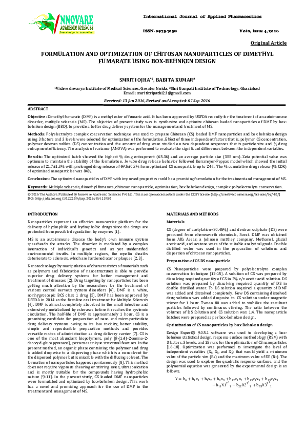 (PDF) FORMULATION AND OPTIMIZATION OF CHITOSAN NANOPARTICLES OF DIMETHYL FUMARATE USING BOX ...