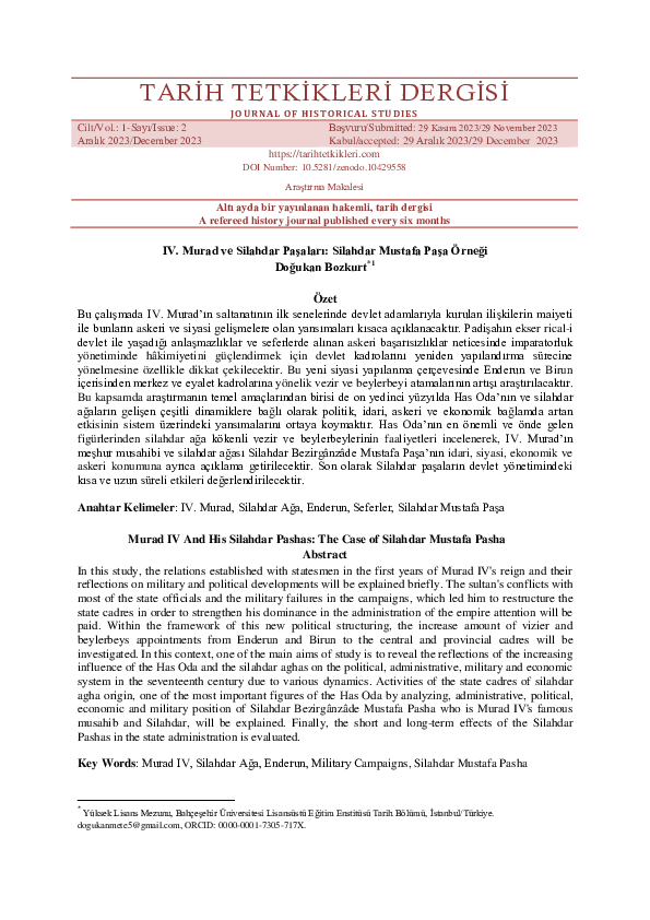 (PDF) IV. Murad ve Silahdar Paşaları: Silahdar Mustafa Paşa Örneği