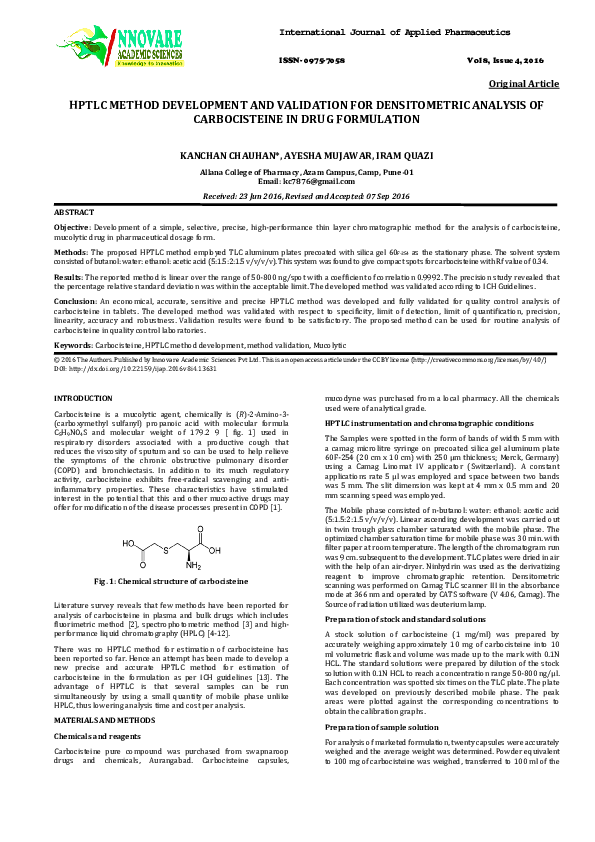 (PDF) HPTLC METHOD DEVELOPMENT AND VALIDATION FOR DENSITOMETRIC ANALYSIS OF CARBOCISTEINE IN ...