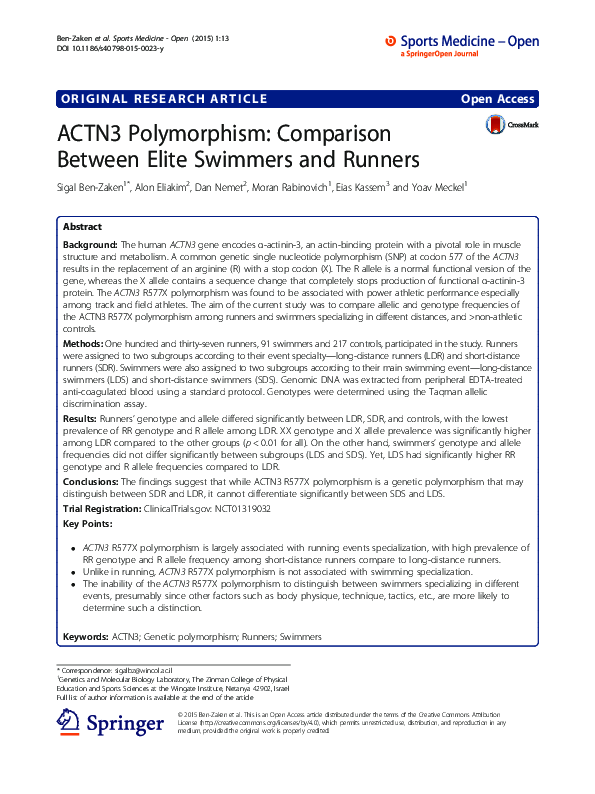 (PDF) ACTN3 Polymorphism: Comparison Between Elite Swimmers and Runners