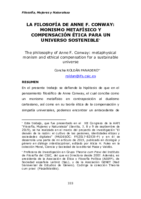 (PDF) La filosofía de Anne f. Conway: Monismo metafísico y compensación ...